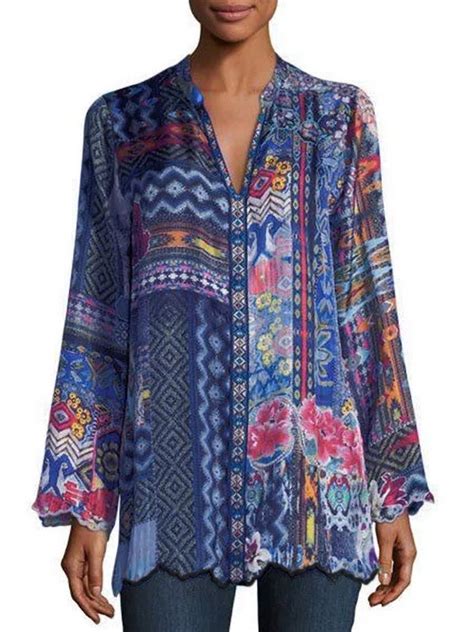 Women Long Sleeve V Neck Statement Casual Tunic Top Noracora