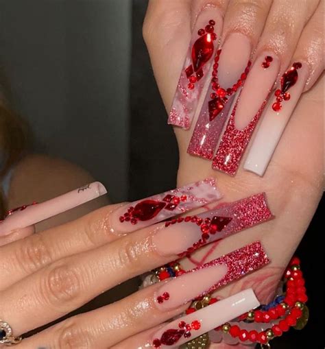 Acrylic Nails Long Medium Coffin Square Red Glitter Jewels Glam Baddie