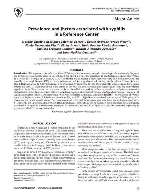 Pdf Prevalence And Factors Associated With Syphilis In A Reference