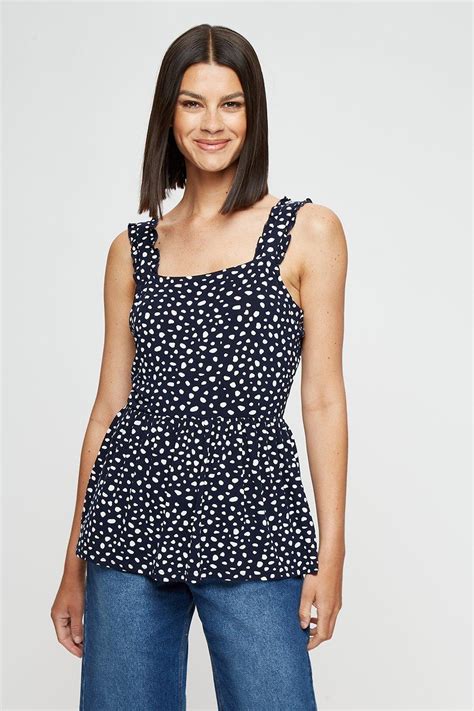Tops Navy Spot Ruffle Strap Cami Top Dorothy Perkins