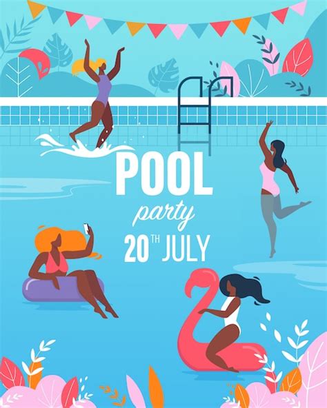 Premium Vector Young Women Having Fun In Swimming Pool Party Poster