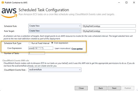 publish container to aws wizard does not remember the schedule rule