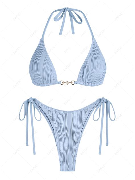 Zaful Womens Sexy Solid Color Textured Triangle Halter Tie Faux Pearl
