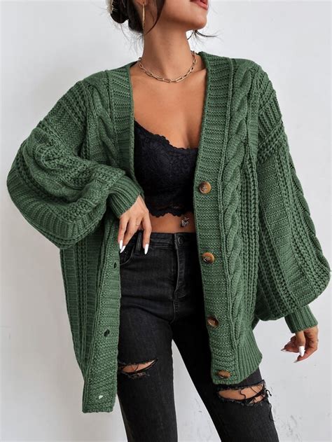 Shein Frenchy Solid Button Front Cable Knit Cardigan Shein Usa