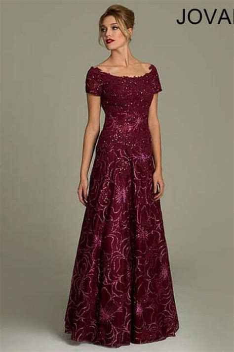 Off The Shoulder Wine Colored A Line Gown Features A Floral Print Cap