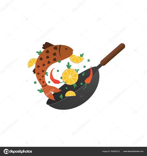 Proceso De Cocción Ilustración Vectorial Voltear El Pescado Frito En