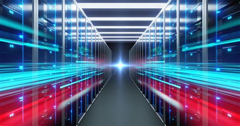 corridor of server room 3d illustration with node base programming data