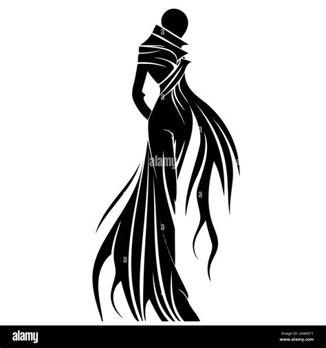 Monochrome Line Art Drawing Of A Person With Long Dress Stock Vector