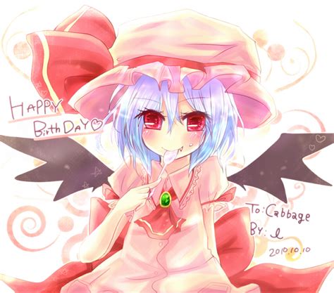 Safebooru Ascot Bat Wings Blue Hair Blush Bow Brooch Dress Eating