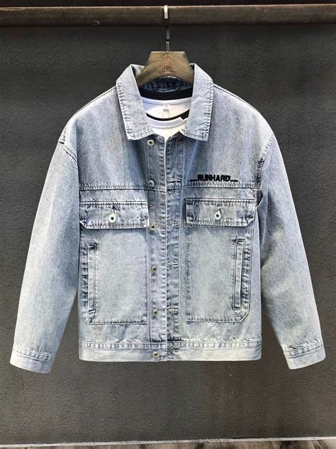 High Quality Embroidered Patch Denim Jacket For Mens Blue And Black