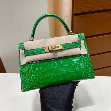 Hermès Kelly Mini Ii Sellier 1l Cactus Alligator Shiny Crocodile Gold