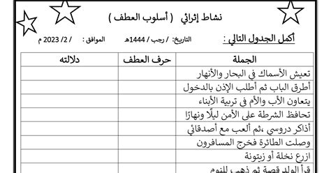 ورقة عمل نشاط إثرائي أسلوب العطف في مادة اللغة العربية للصف الثالث