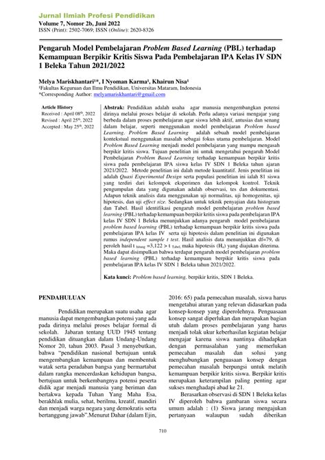 Pdf Pengaruh Model Pembelajaran Problem Based Learning Pbl Terhadap