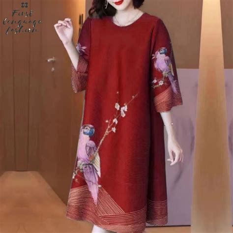 Summer Women Retro Flower Bird Printing Dress Ethnic Style Large Size