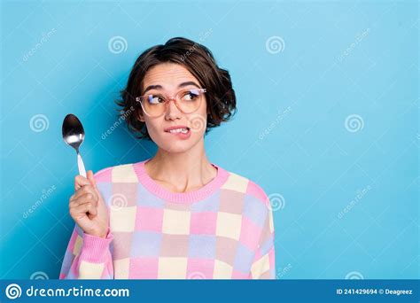 Photo Of Cute Millennial Brunette Lady Hold Spoon Look Ad Wear