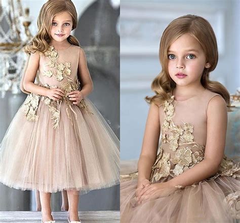 Flower Girls Dresses For Weddings Champagne Tulle Appliques Tea Length