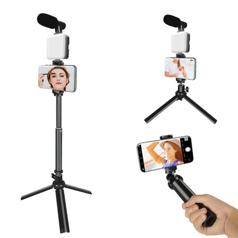 Mini Tripod With Selfie Stick Function Microphone Led Light And