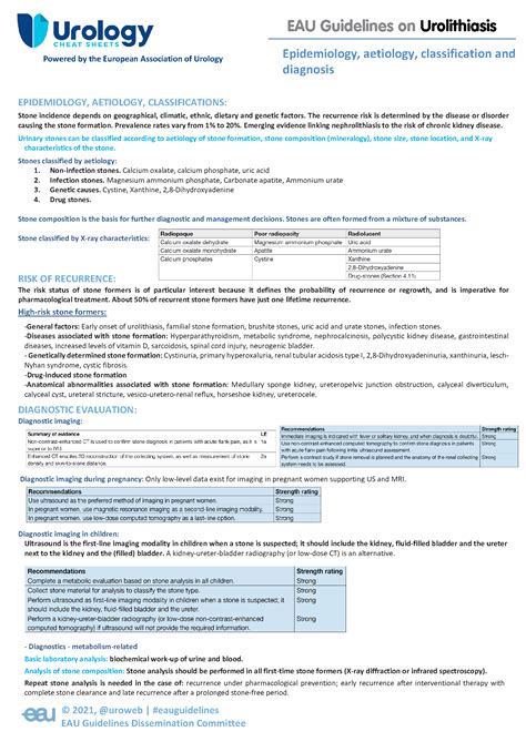 Eau Guidelines On Urolithiasis Urology Cheatsheets