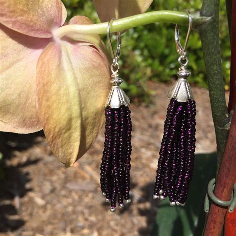 Seed Bead Tassel Earrings Deep Purple 2 In 2021 Beaded Tassel