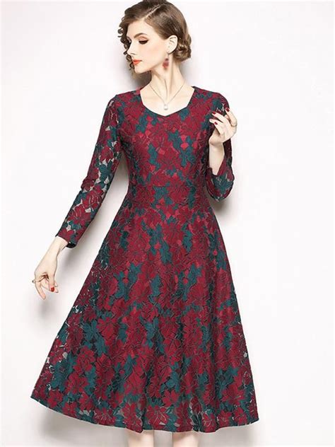 Vintage V Neck Long Sleeve Lace Skater Dress 2xl A Line Dresses Fall