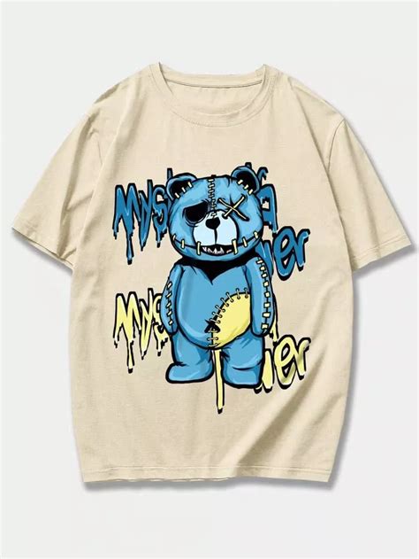 Romwe Hombres Camiseta De Hombros Caídos Con Estampado De Oso Y Letra