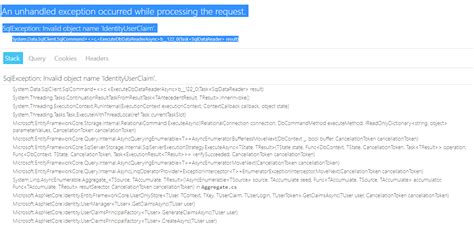 c core sqlexception invalid object name identityuserclaim