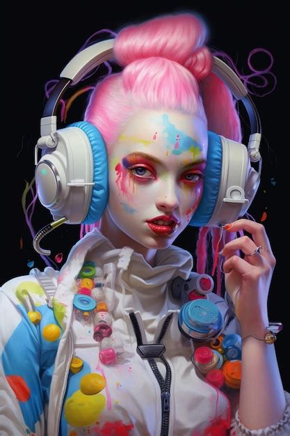 Premium Ai Image A Woman With Pink Hair And A Headphone In Front Of Her