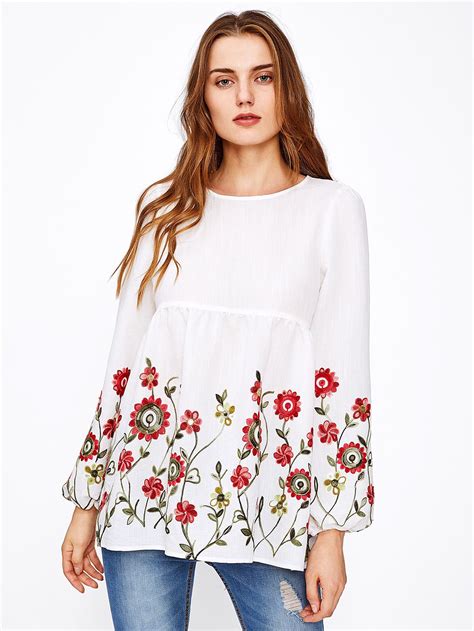 Shop Embroidery Lantern Sleeve Keyhole Back Smock Blouse Online Shein