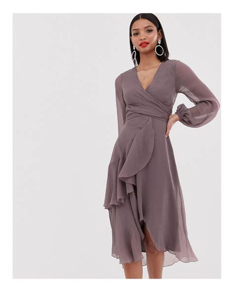 Asos Wrap Waist Midi Dress With Double Layer Skirt And Long Sleeve In