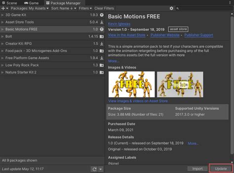 how do i update my purchased assets unity