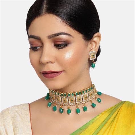 Buy Zaveri Pearls Gold Tone Ethnic Green Stones And Beads Choker Necklace