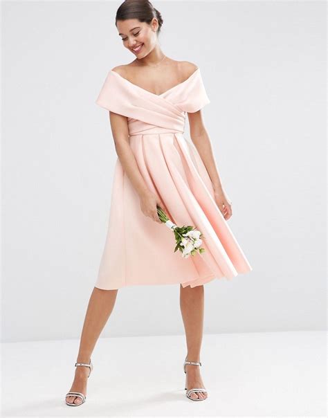 Asos Wedding Scuba Off The Shoulder Midi Prom Dress At Blush
