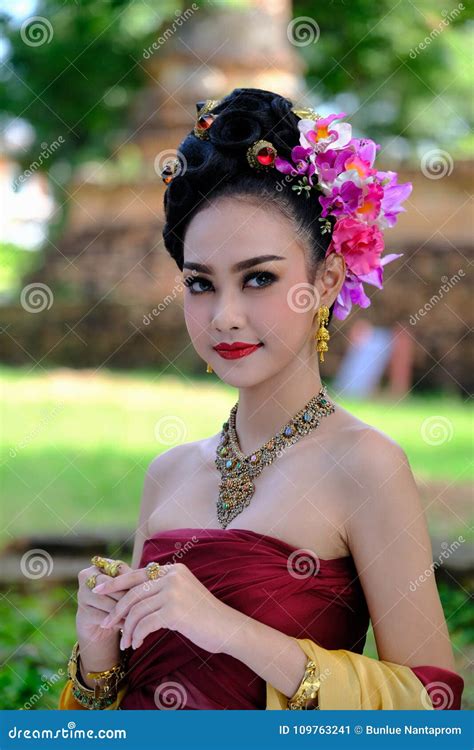Beautiful Thai Girl In Traditional Dress Costume In Choeng Tha A Stock