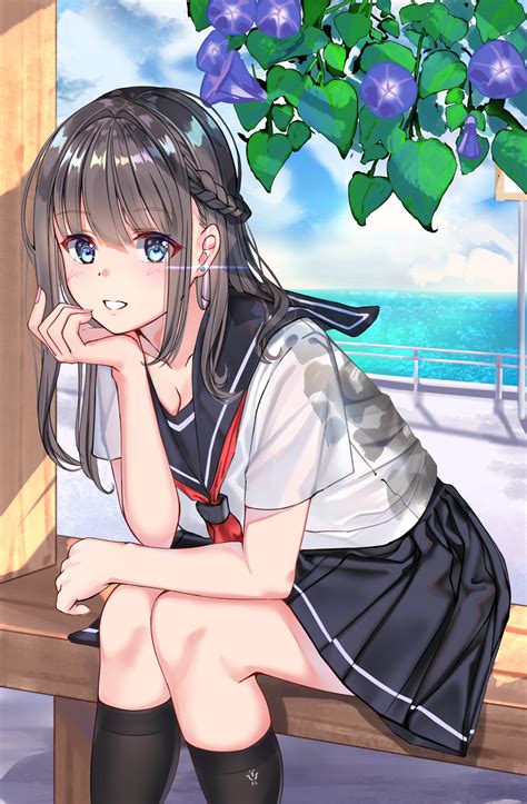 Safebooru 1girl Arm Rest Bangs Bench Black Hair Black Legwear Blue
