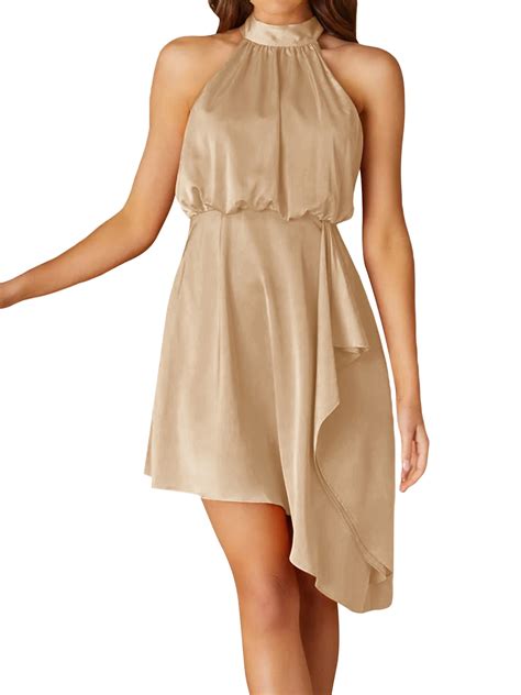 Thaisu Women Summer Casual Dress Solid Color Tie Up Halter Neck