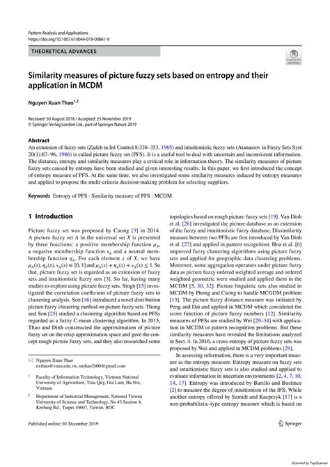 Pdf Similarity Measures Of Picture Fuzzy Sets Based On Entropy And