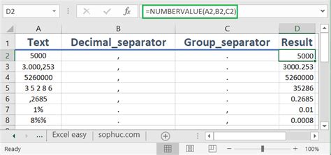 how to use the excel numbervalue function