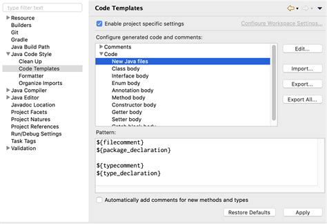 how to add a code template for all projects in an eclipse