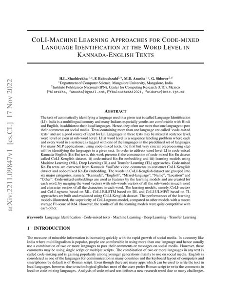 Coli Machine Learning Approaches For Code Mixed Language Identification