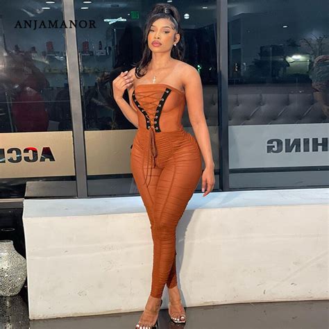 Anjamanor Sexy Sheer Mesh Strapless Bandage Bodycon Jumpsuit See