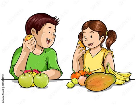Ilustración Par De Niños Comiendo Fruta Saludable Stock Illustration