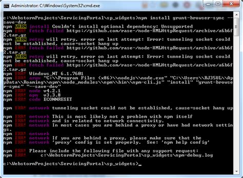 javascript error when installing grunt browser sync with npm stack