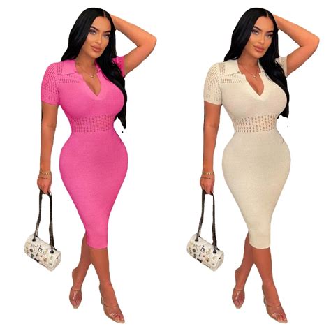 Elegant Elastic Knitted Rib Long Dress For Women Sexy V Neck Short