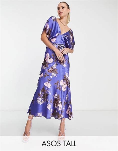 Asos Design Tall Satin Batwing Midi Dress With Large Floral Print In