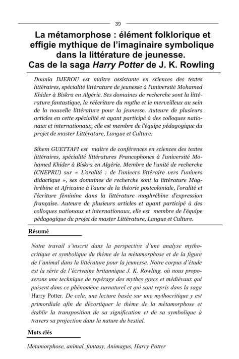 Pdf La Métamorphose Élément Folklorique Et Effigie Mythique De L