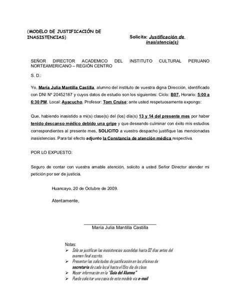 Modelo De Solicitud De Justificacion De Inasistencia