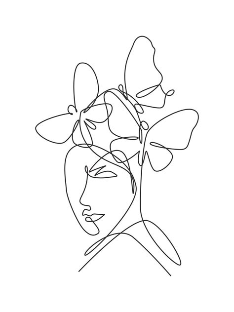 One Single Line Drawing Woman With Butterfly Line Art Vector