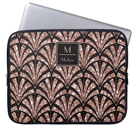 Rose Gold Glitter Monogram Art Deco Pattern Laptop Sleeve Zazzle