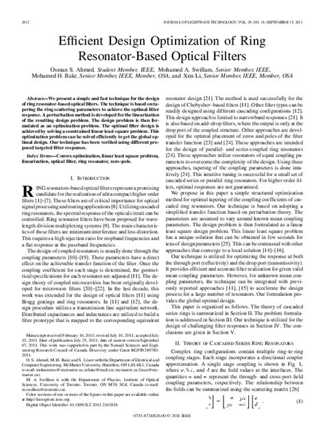 pdf efficient design optimization of ring resonator based optical