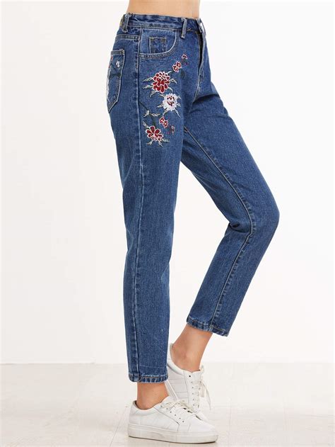 Dark Blue Flower Embroidered Straight Leg Jeansfor Women Romwe
